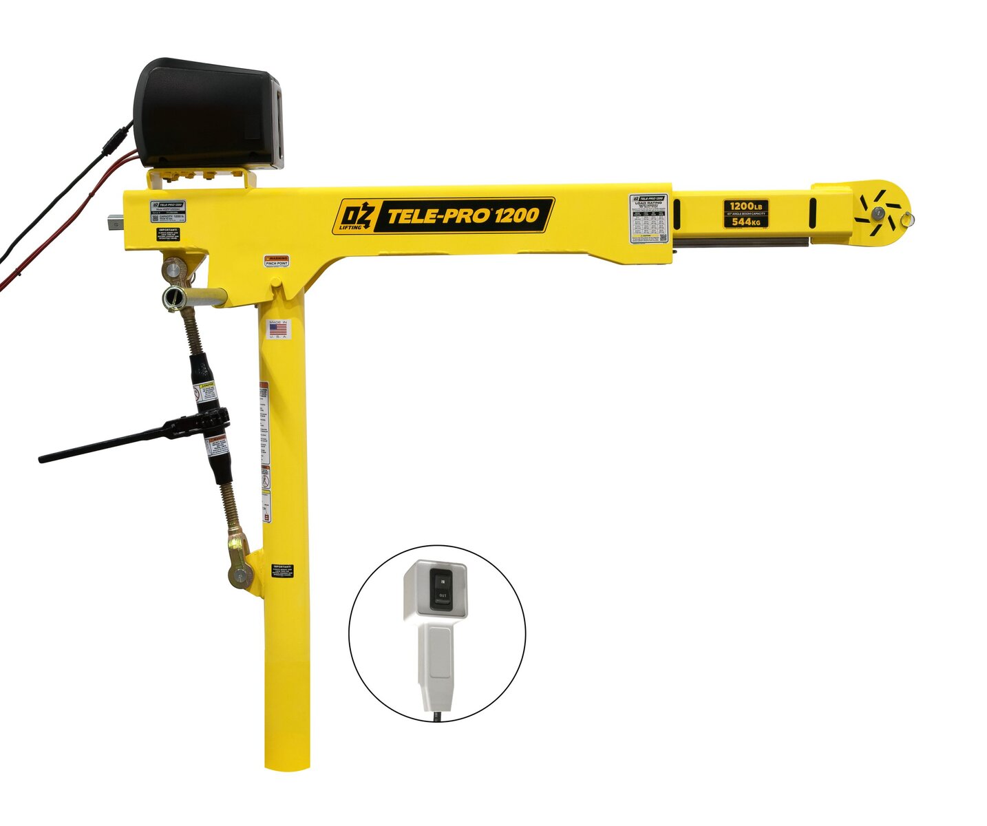 1200 lb Tele-Pro® davit crane with 12V DC electric winch | OZ Lifting ...